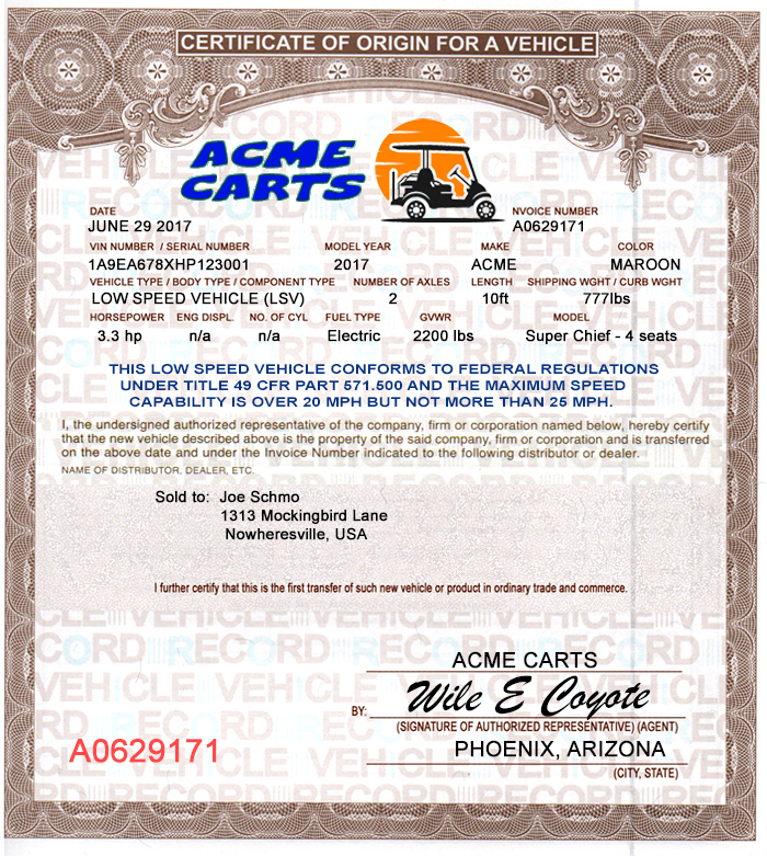 LSV - Low Speed Vehicle Manufacturer License