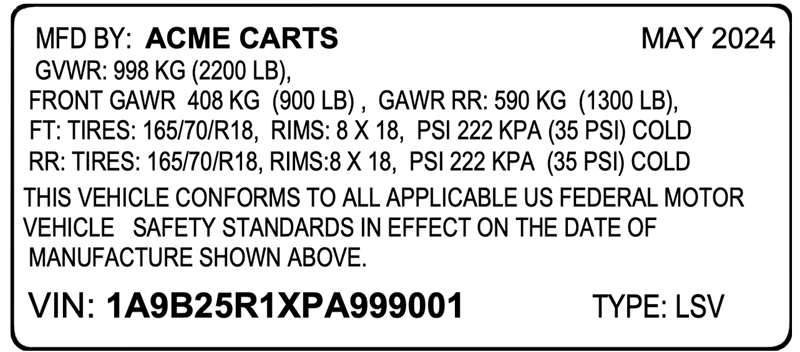 LSV - Low Speed Vehicle Manufacturer License